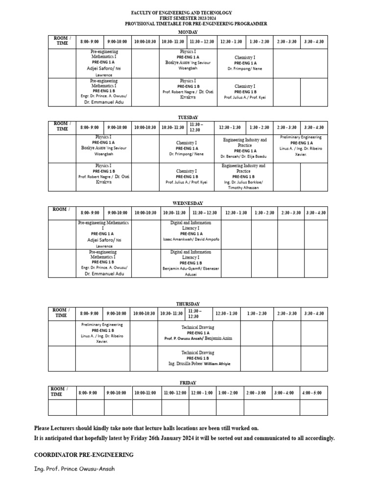 Pre - Engineering Time Table | PDF | Physical Sciences | Natural Sciences