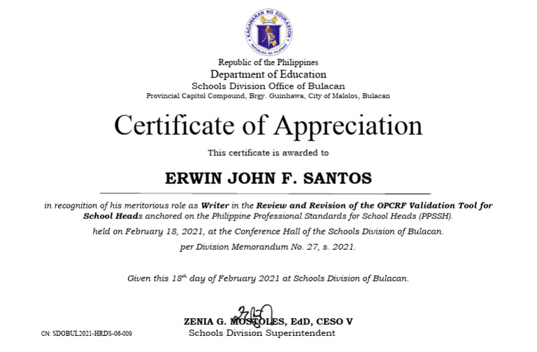 Certificate of Appreciation for Erwin Santos | PDF