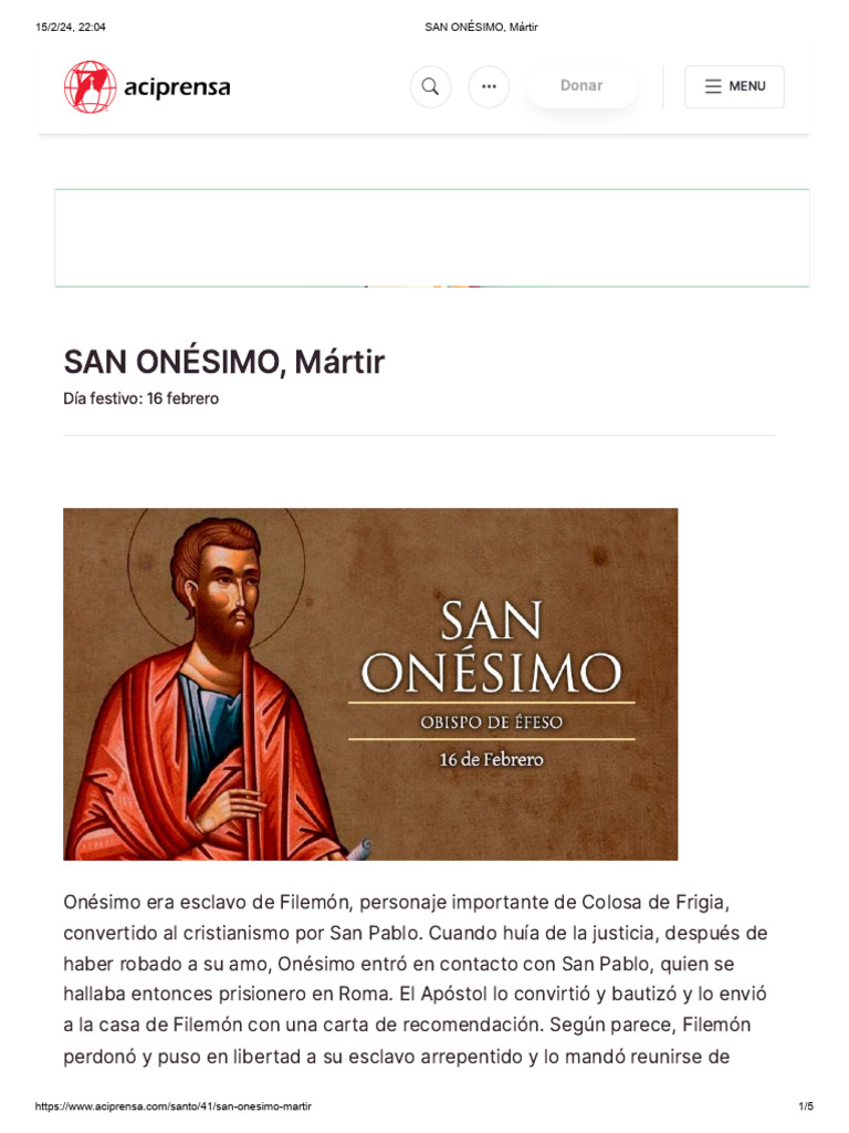 San Onésimo: De Esclavo a Mártir Cristiano | PDF | Pablo el apóstol | Papa Francisco