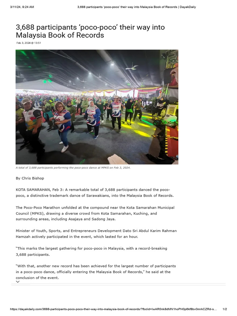 3,688 participants ‘poco-poco’ their way into Malaysia Book of Records _ DayakDaily | PDF