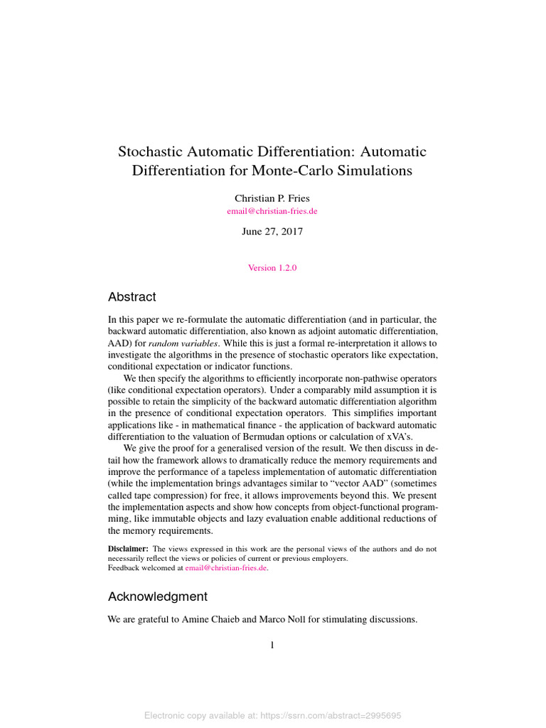 Stochastic Automatic Differentiation Automatic Differentiation For Monte-Carlo Simulations | PDF