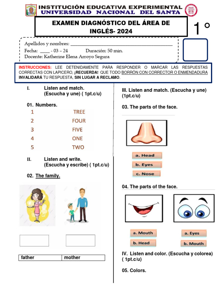 Examen Diagnóstico de Inglés 1° Primaria | PDF | Artes del Lenguaje y ...