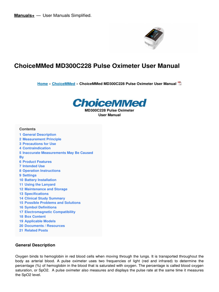 Md300c228 Pulse Oximeter Manual | PDF | Self-Improvement | Technology & Engineering