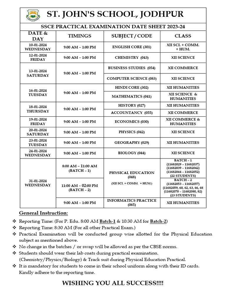Ssce Practical Examination Date Sheet 2023-24 | PDF | Science