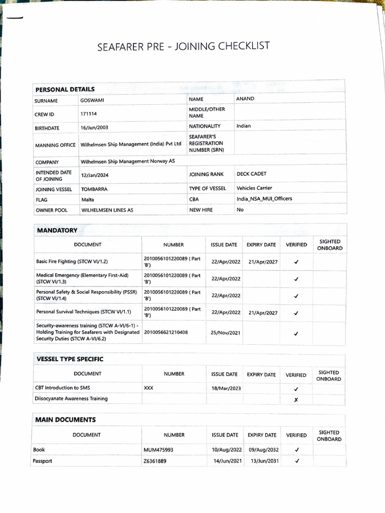 Seafarer Pre-Joining Checklist | PDF