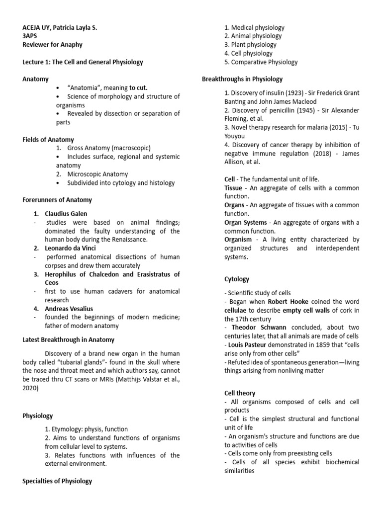 Lecture 1 ANAPHY Notes | PDF | Cell Membrane | Endoplasmic Reticulum