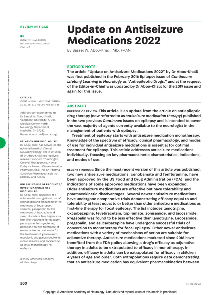 Update On Antiseizure Medications 2022.13 | PDF | Neurology | Pharmacy