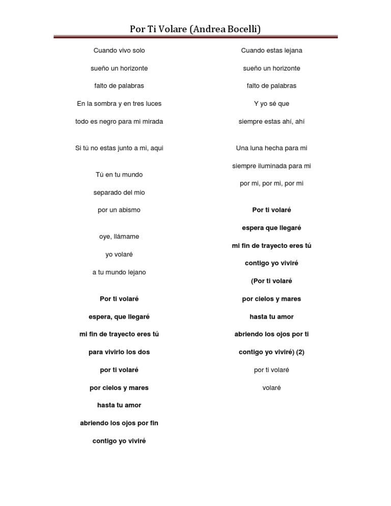 Letra de "Por Ti Volaré" de Bocelli | PDF