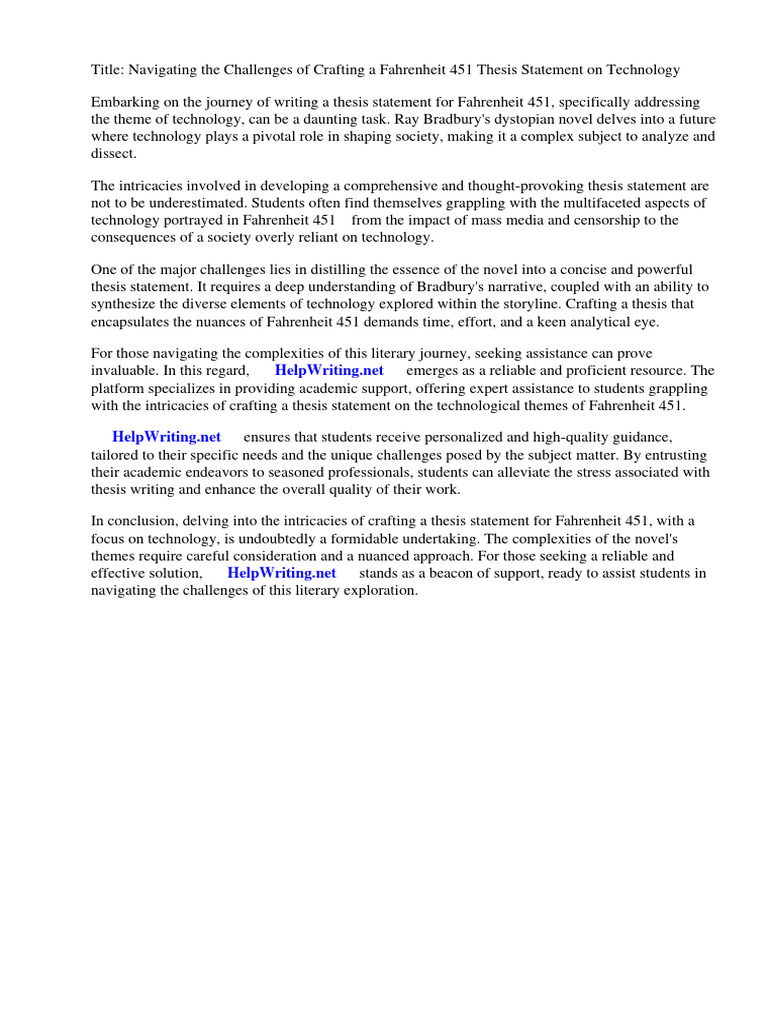 Fahrenheit 451 Thesis Statement Technology | PDF