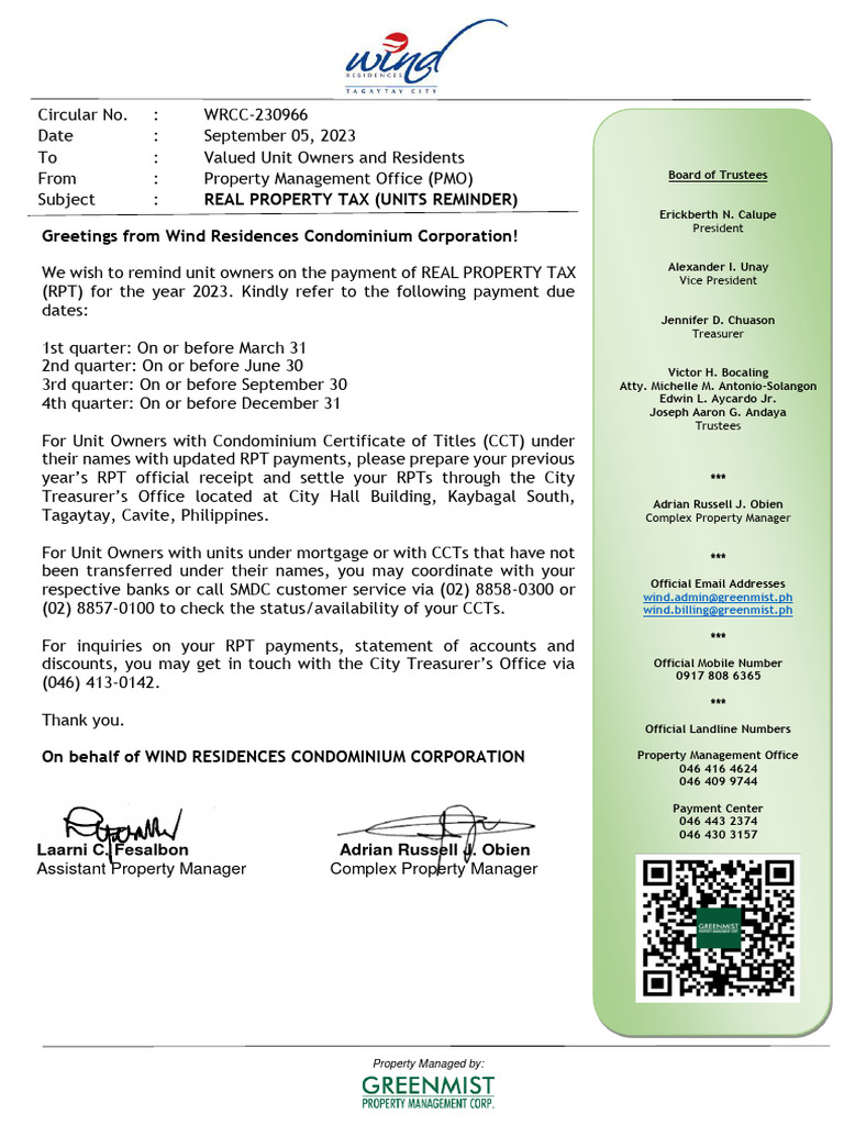 WRCC Circular 230966 Real Property Tax Units Reminder | PDF | Money | Economies