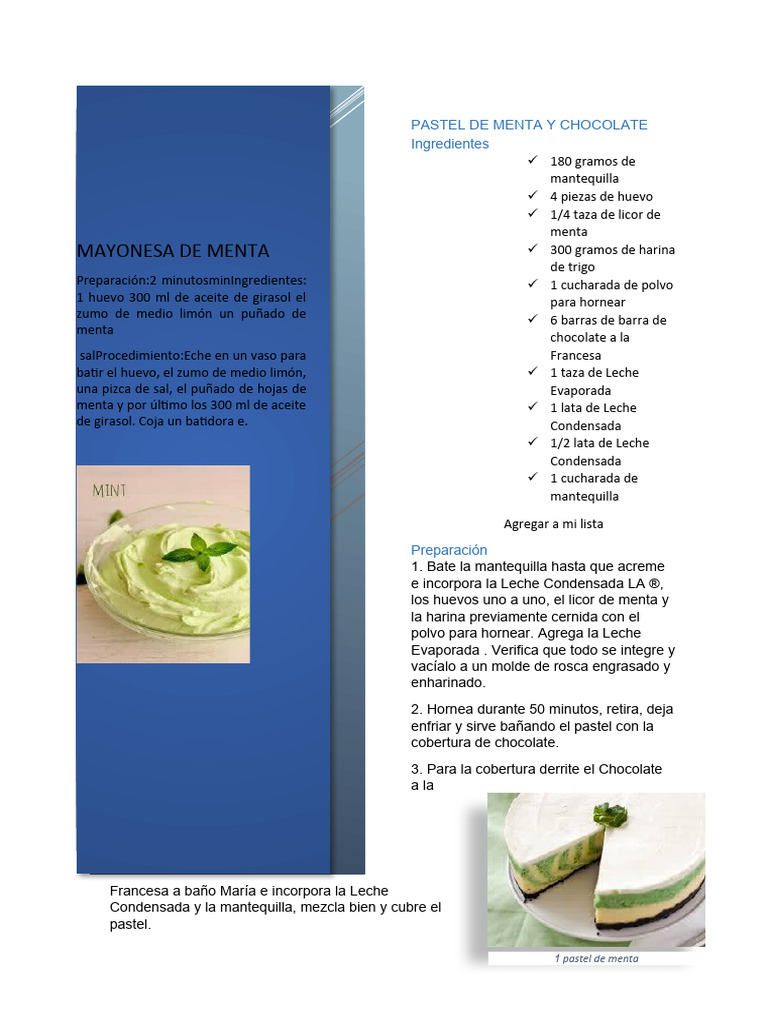 Pastel Menta Practica | PDF | Pasteles | Cocina