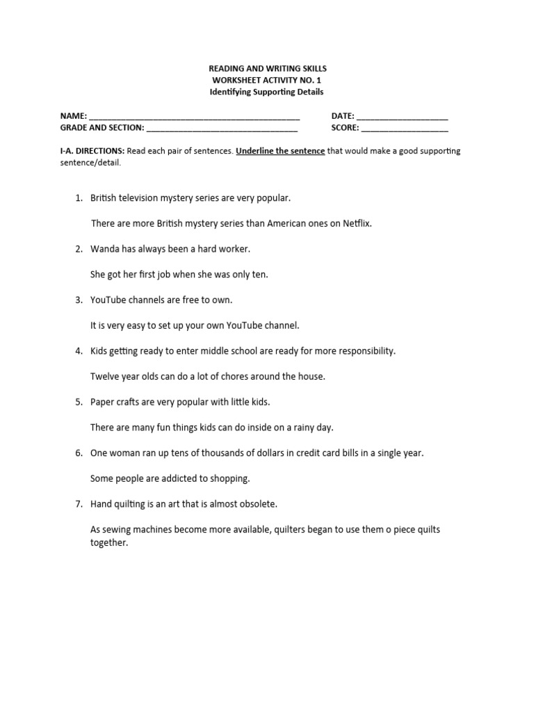 Supporting Details Worksheet for Students | PDF | Quilting | Written ...