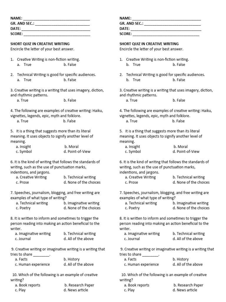 Creative Writing Quiz for Students | PDF