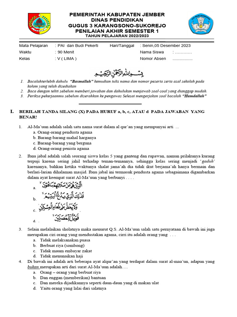 Soal PAS PAI Kelas 5 2022/2023 | PDF