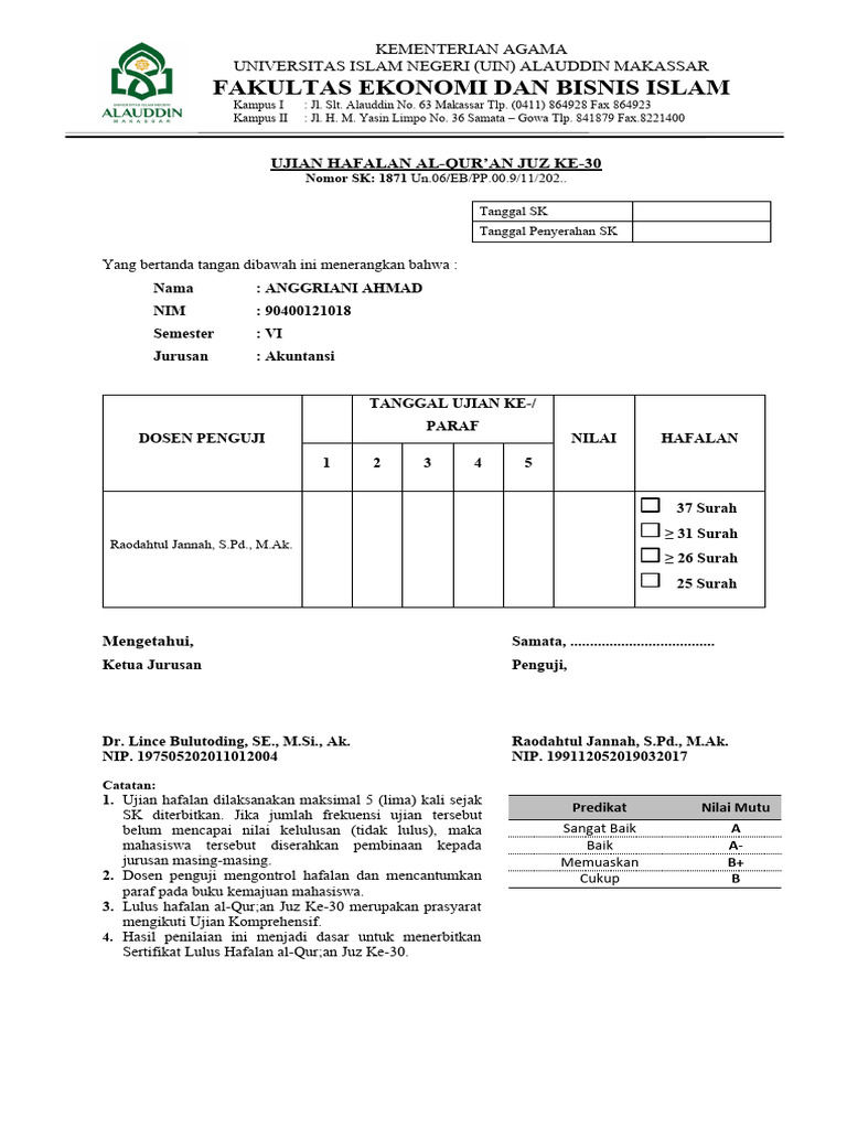 X6 Format Penilaian Hafalan | PDF