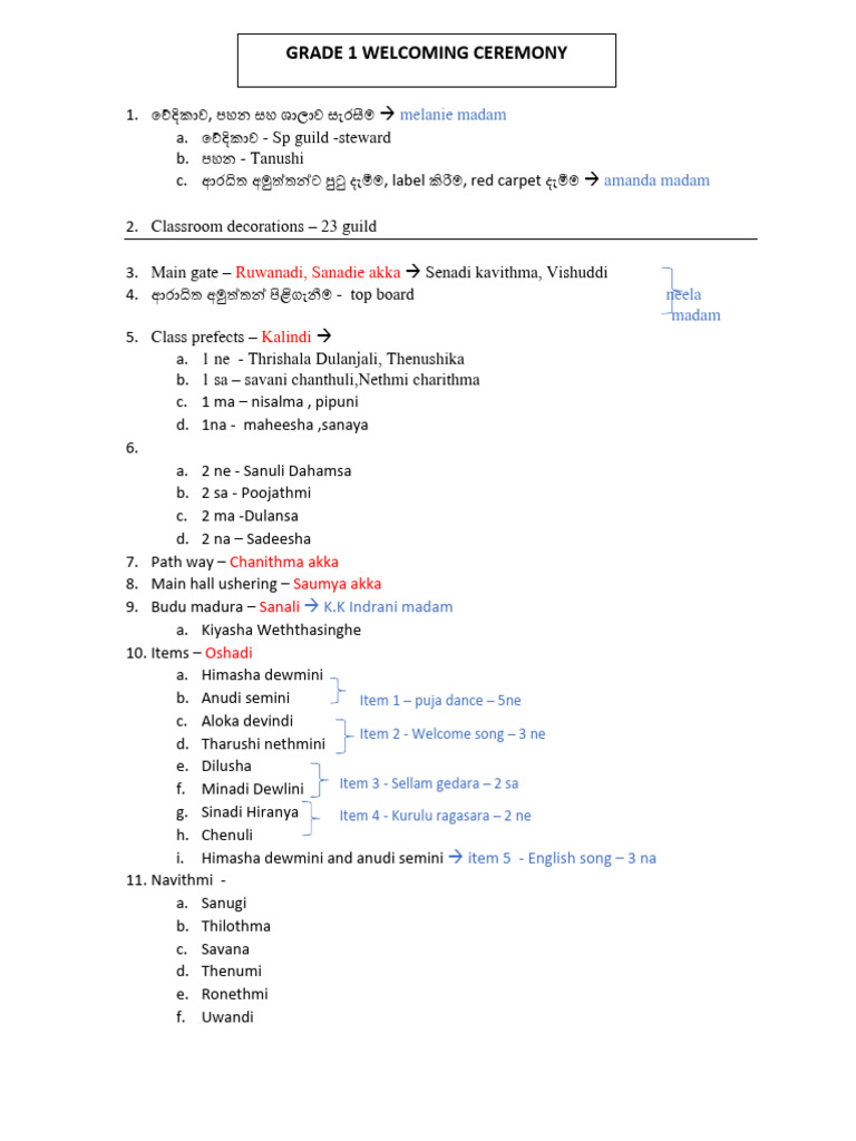 Grade 1 Welcoming Ceremony Plan | PDF