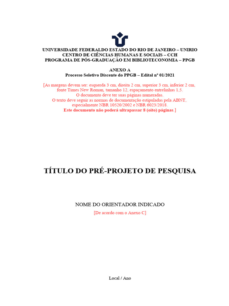 Anexo A - Modelo Pre-Projeto PPGB 2021 | PDF