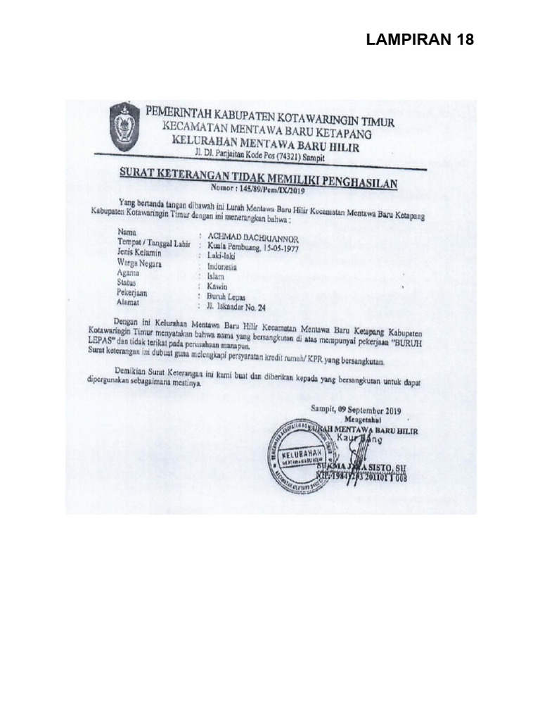 Lampiran 18 - Contoh Surat Keterangan Tidak Memiliki Penghasilan | PDF