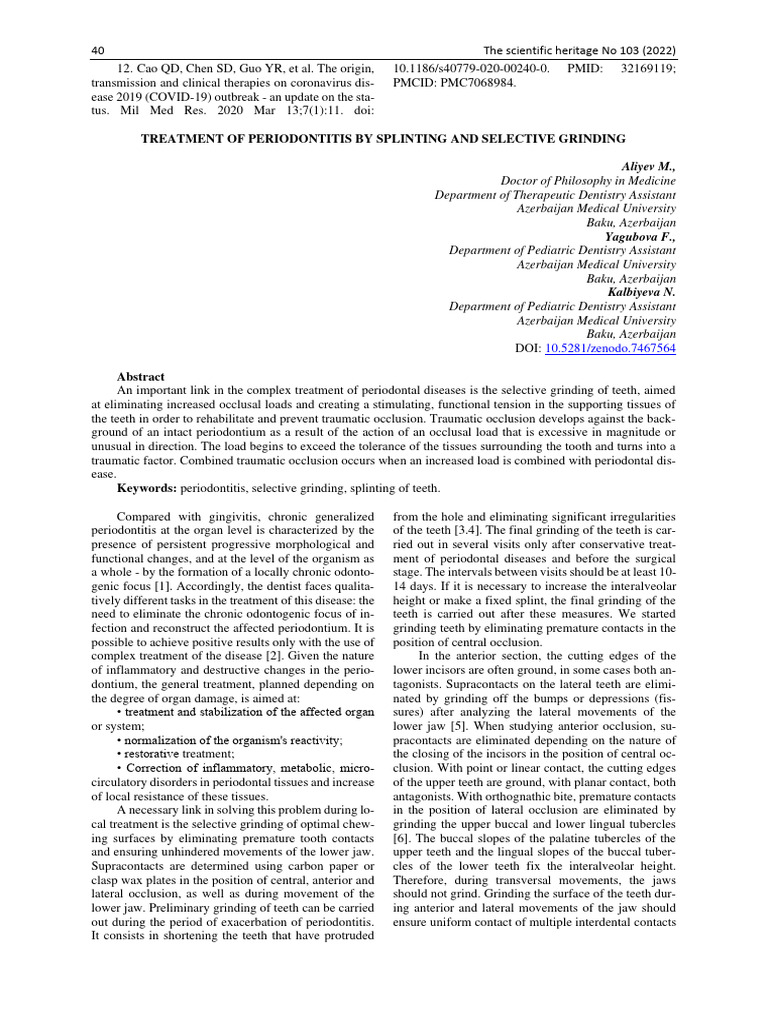 Treatment of Periodontitis by Splinting and Selective Grinding | PDF