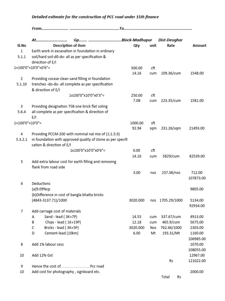 PCC Road Construction Estimate | PDF | Building Engineering | Soil