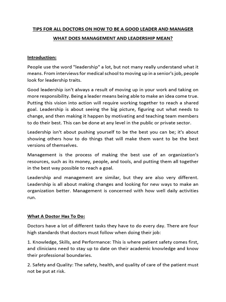 Tips For All Doctors On How To Be A Good Leader and Manager | PDF ...