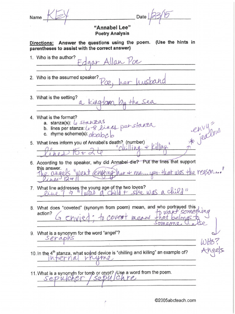 Annabel Lee WKSHT Key | PDF