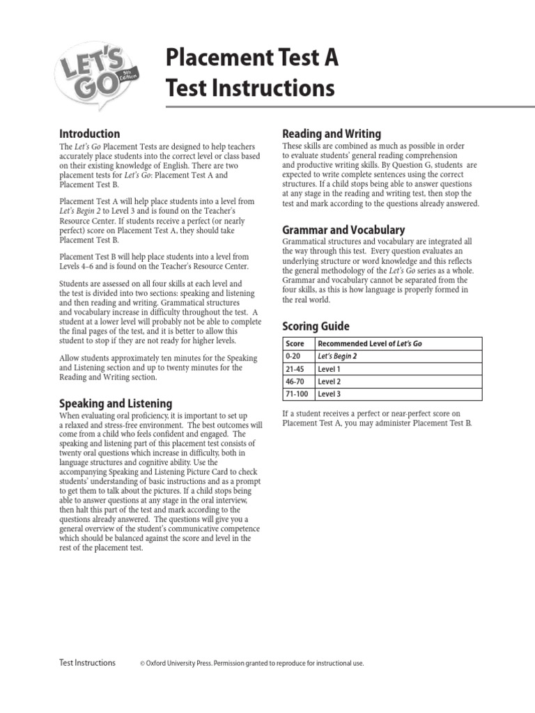 LG5e PlacementTest A Instructions | PDF | Question | Vocabulary