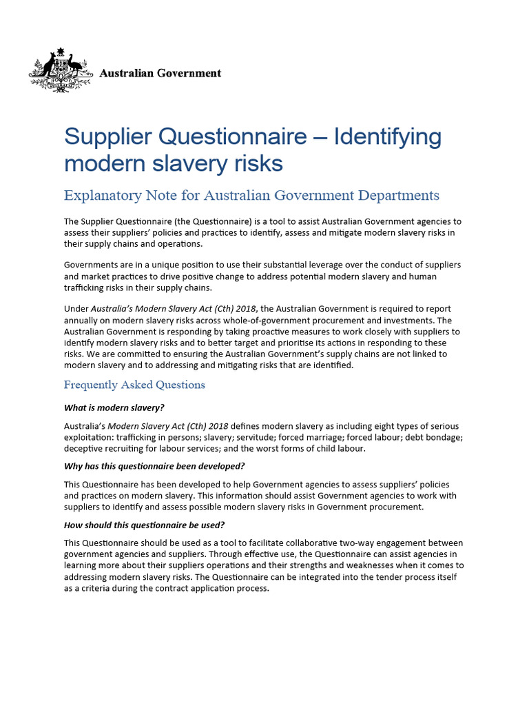 Supplier Questionnaire - Modern Slavery Procurement Toolkit | PDF