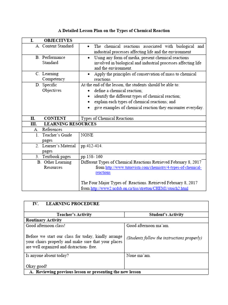 A Detailed Lesson Plan in Chemical Reactions | PDF | Chemical Reactions ...
