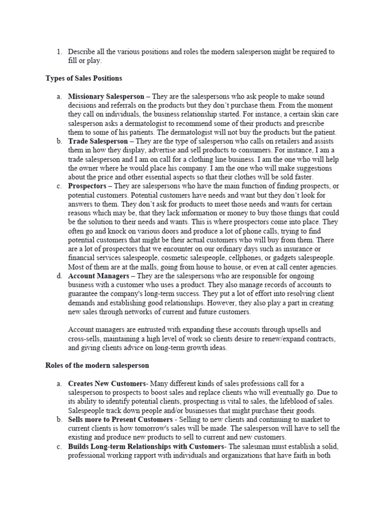 Describe All The Various Positions and Roles The Modern Salesperson ...