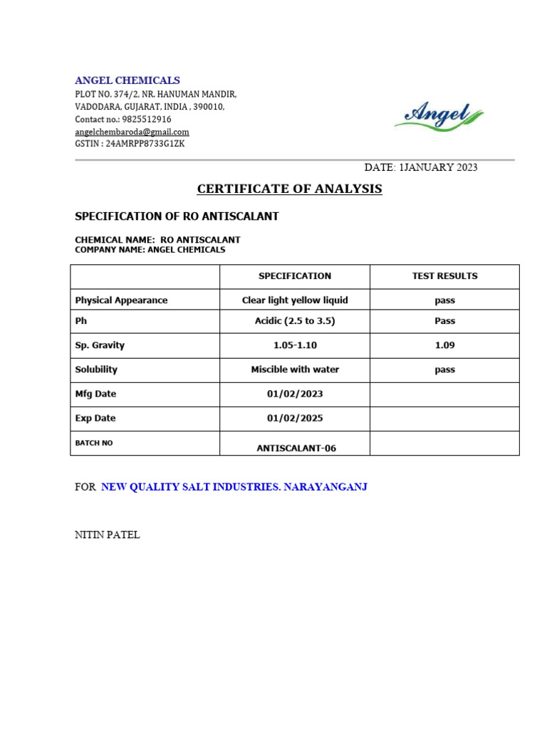 RO Antiscalant Chemical Specification | PDF