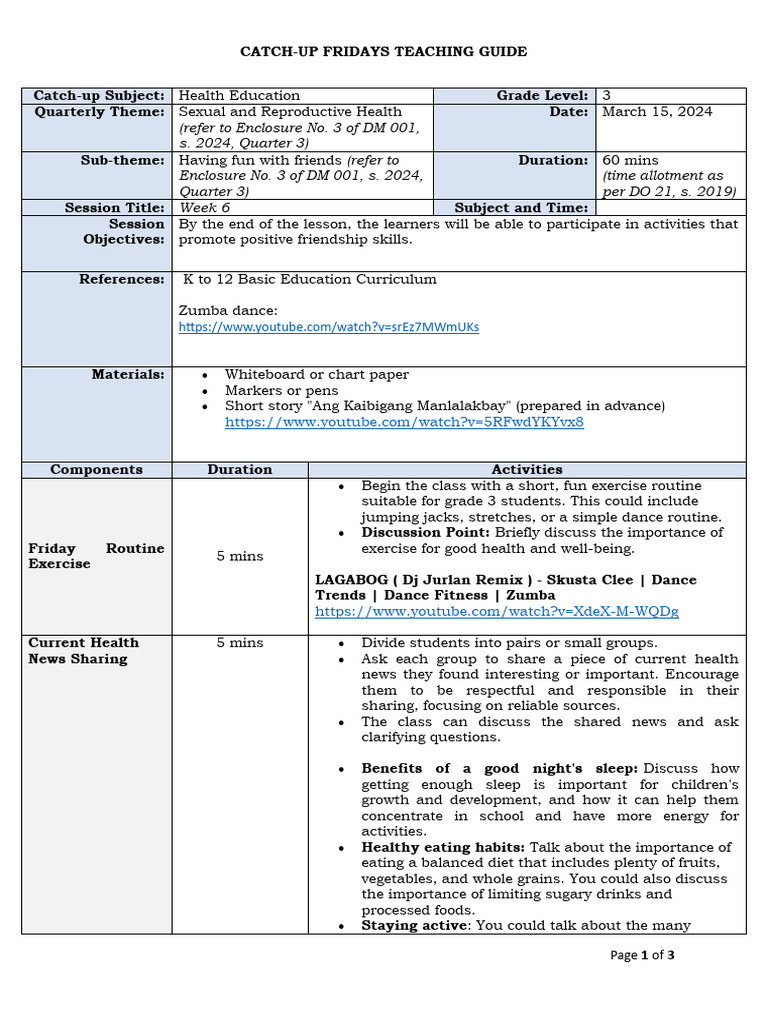Week 6 Health Dll Teaching Guide Grade 3 Pdf