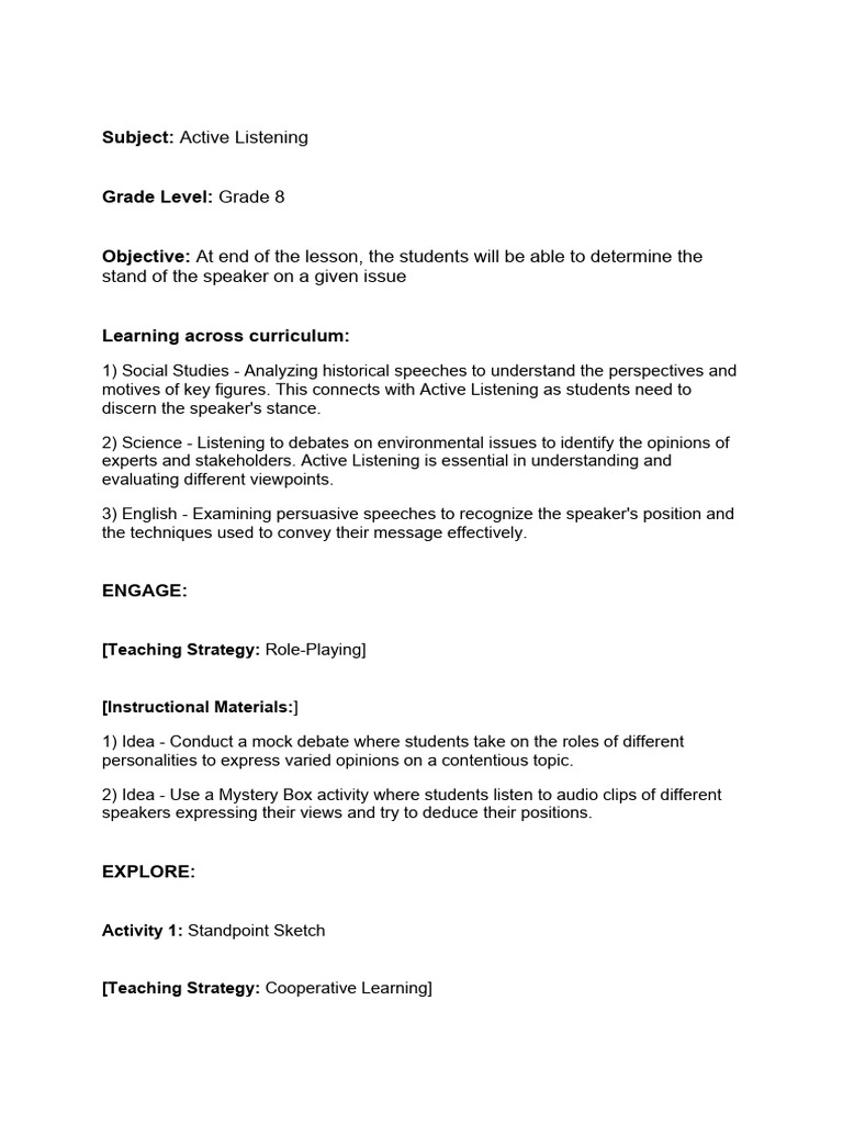 Lesson - Plan Active Listening | PDF | Learning | Critical Thinking