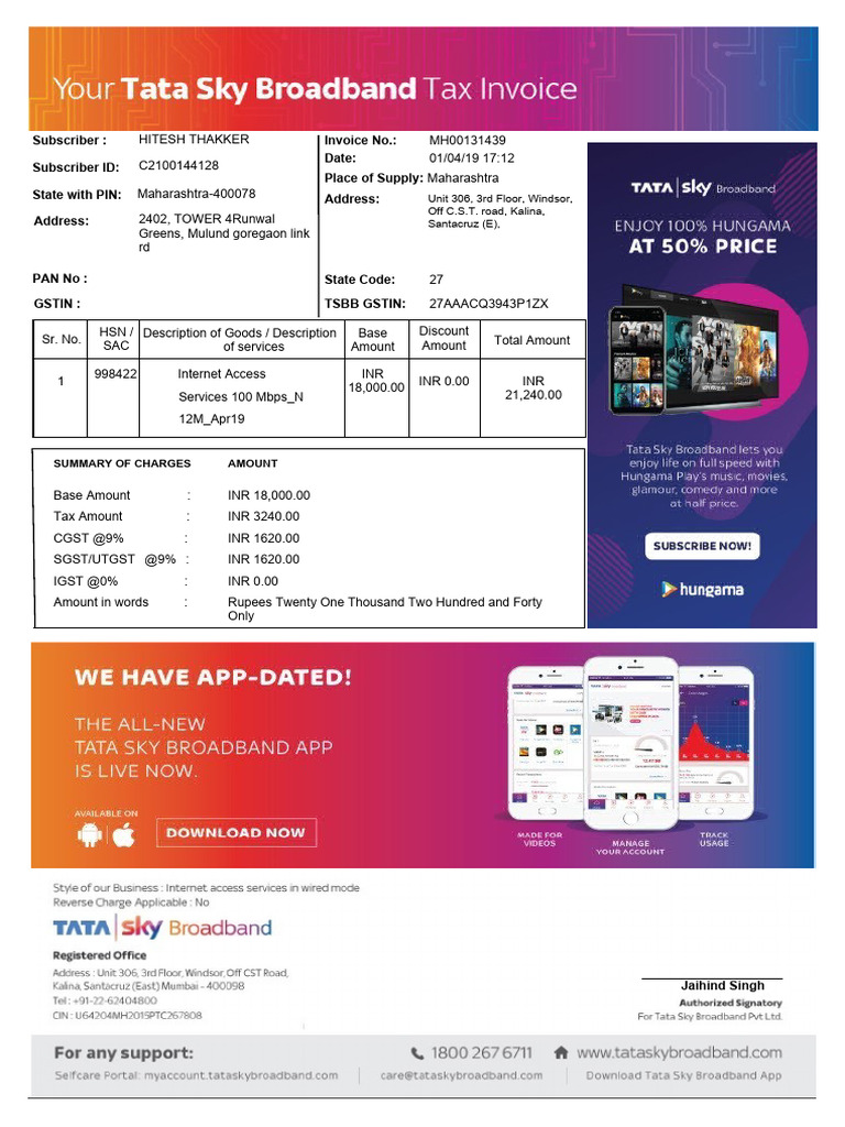 Tata Sky Fiber Invoice Summary | PDF