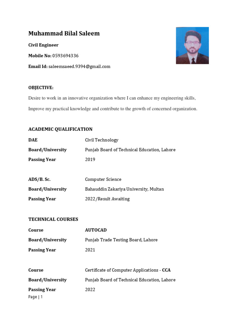 Muhammad Bilal - CV | PDF | Civil Engineering | Engineering