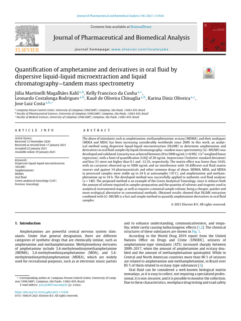 Quantification Of Amphetamine And Derivatives In Oral Fluid By Dispersed Liquid Liquid Micro