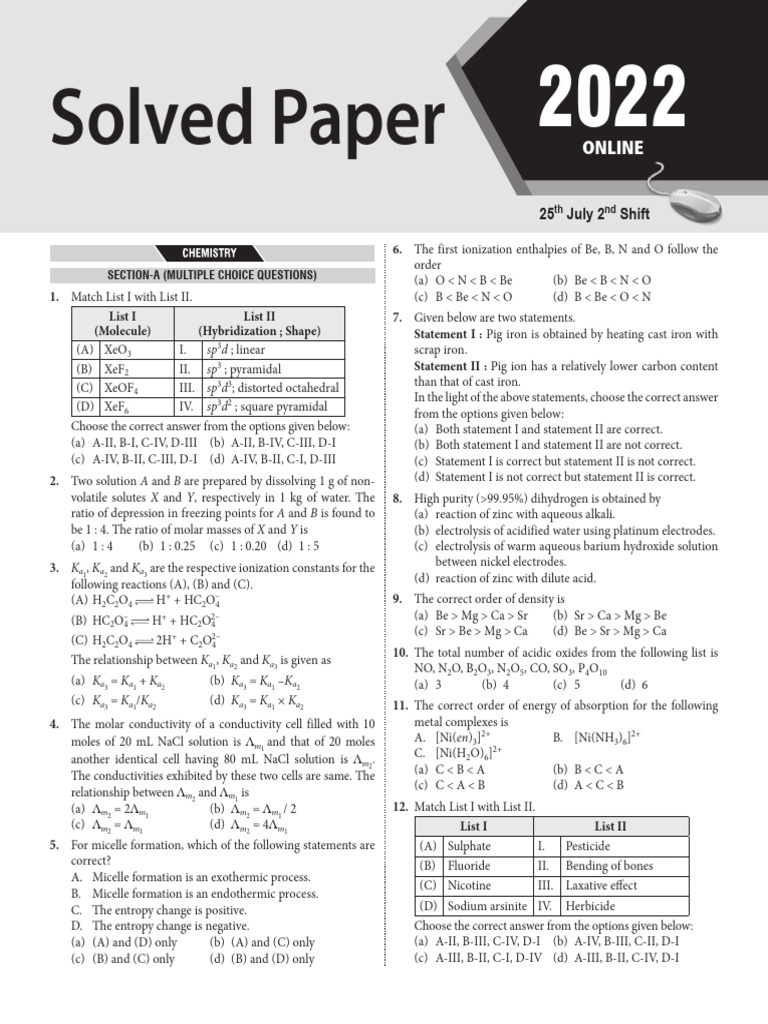 JEE-Chemistry-Solved-Paper-2022 | PDF | Iron | Calcium