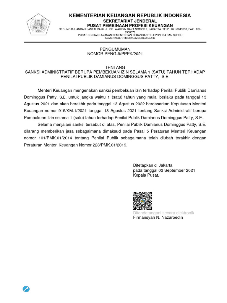 Sanksi Penilai Publik Damianus Dominggus Patty PS-1.16.00148 Tahun 2021 KJPP Damianus Ambur Dan ...