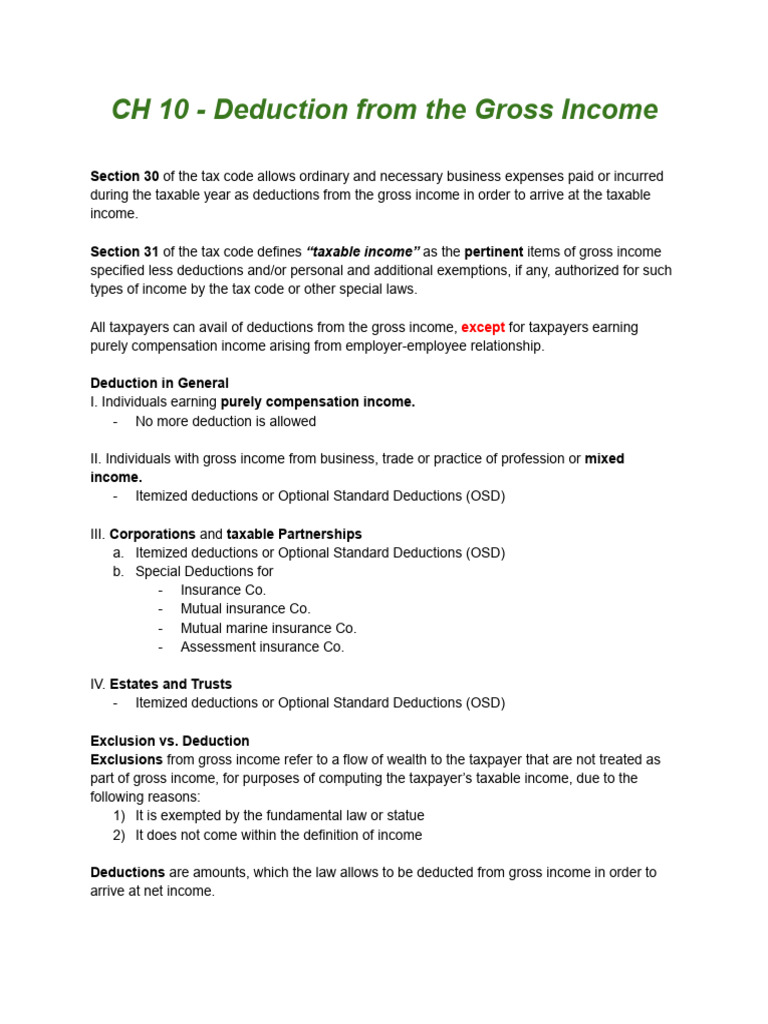 Chapter 10 Deduction From The Gross Income | PDF | Tax Deduction | Expense