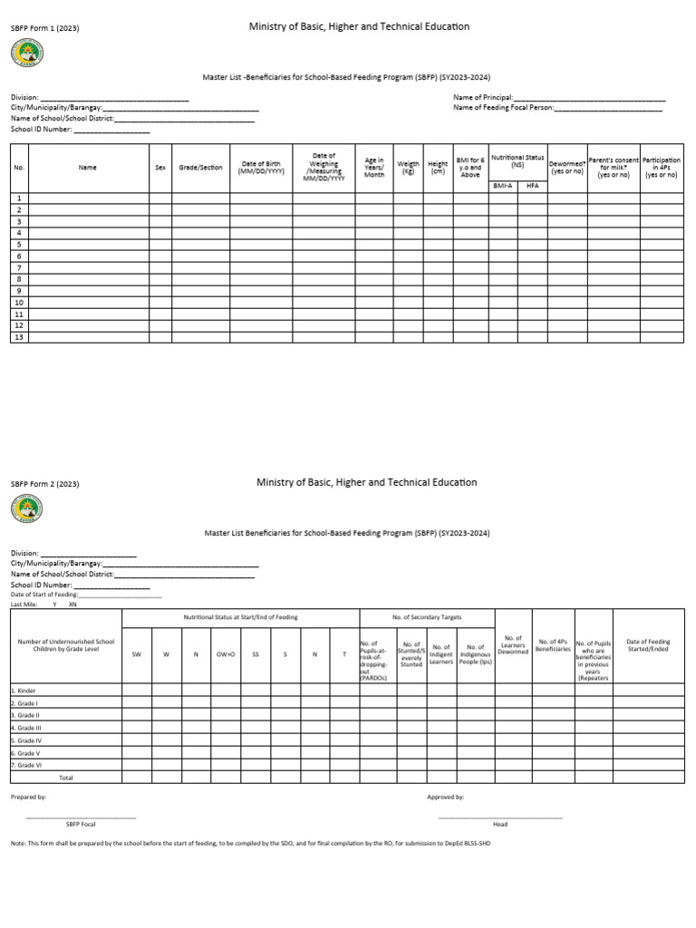 SBFP Forms | Download Free PDF | Nutrition | Diet & Nutrition