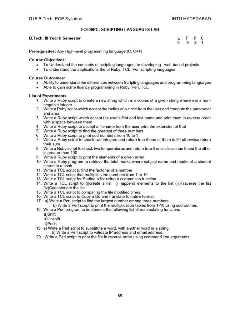 EC606PC SCRIPTING LANGUAGES LAB - B Tech - III - II | PDF | Teaching Methods & Materials | Computers