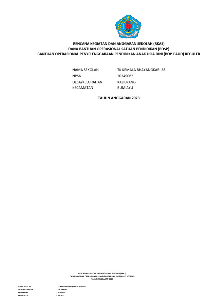RKAS BOP PAUD TK Kemala 2023 | PDF