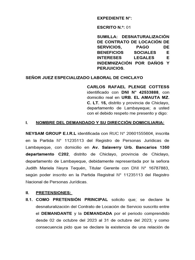 Demanda de Beneficios Sociales e Indemnización Plenge | PDF | Derecho laboral | Daños y perjuicios