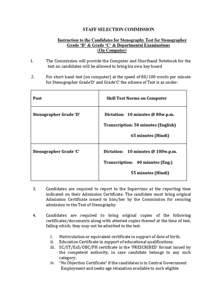 Instruction to the Candidates for Stenography Test for Stenographer ...