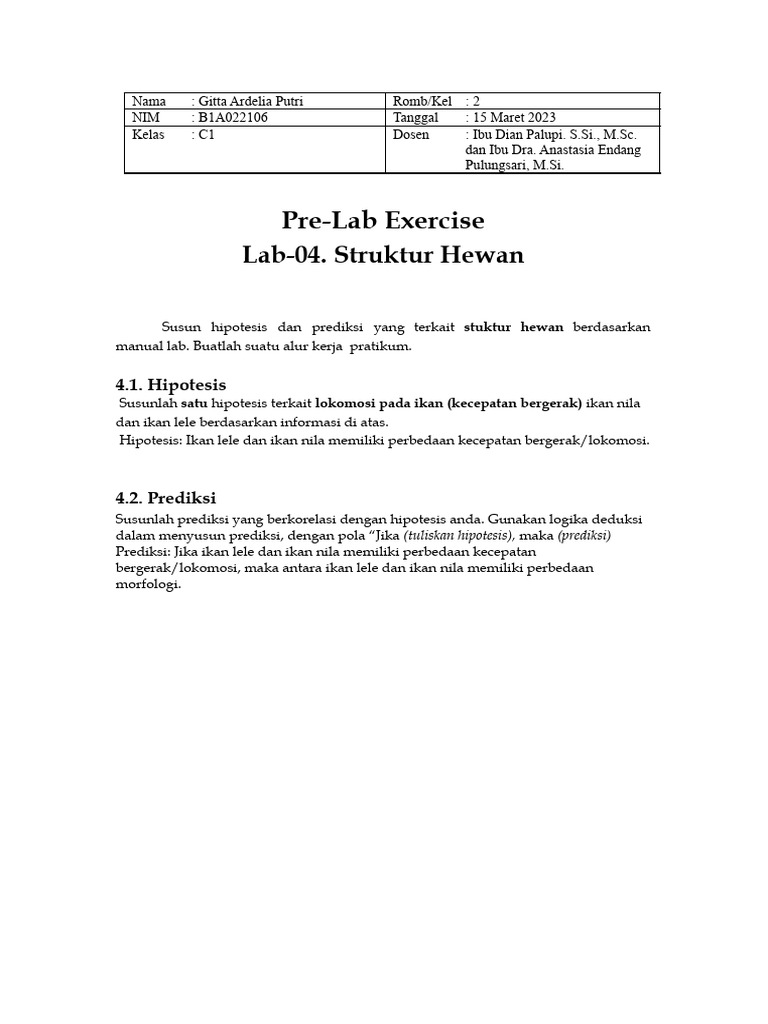 Gitta Ardelia Putri - Lab-04. Struktur Hewan - PreLab | PDF | Sains & Matematika