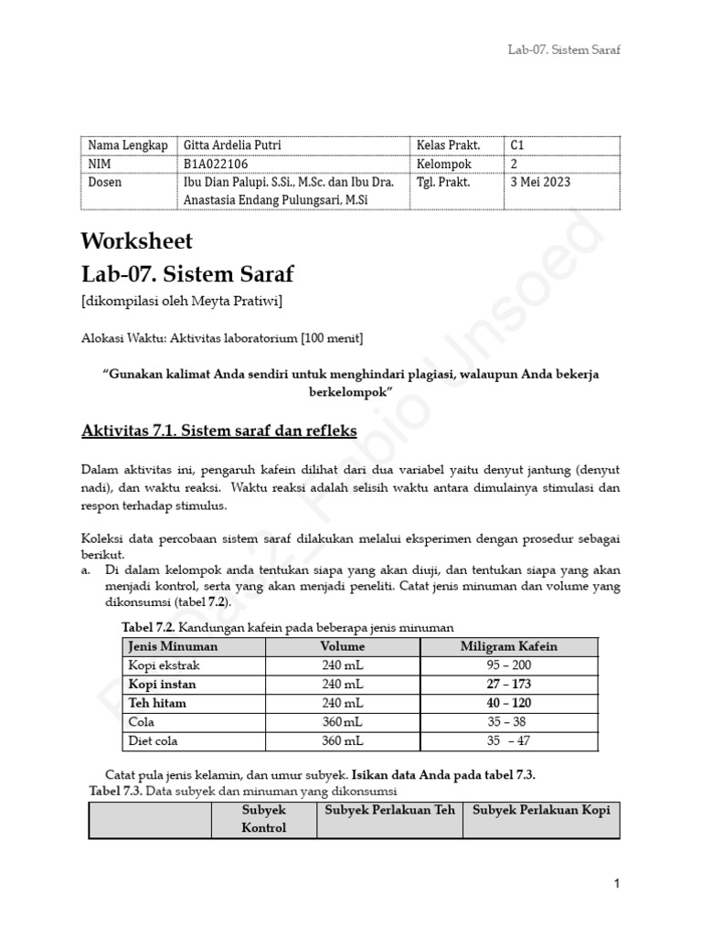 Gitta Ardelia Putri - Lab-07. Sistem Saraf - Worksheet | PDF | Sains & Matematika