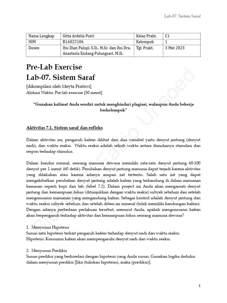 Gitta Ardelia Putri - Lab-07. Sistem Saraf - Pre Lab | PDF