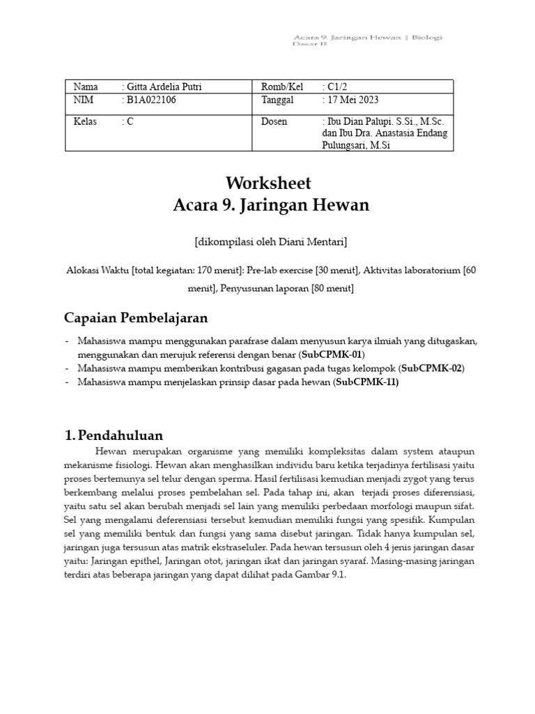 Gitta Ardelia Putri - Acara 9. Jaringan Hewan - Worksheet | PDF