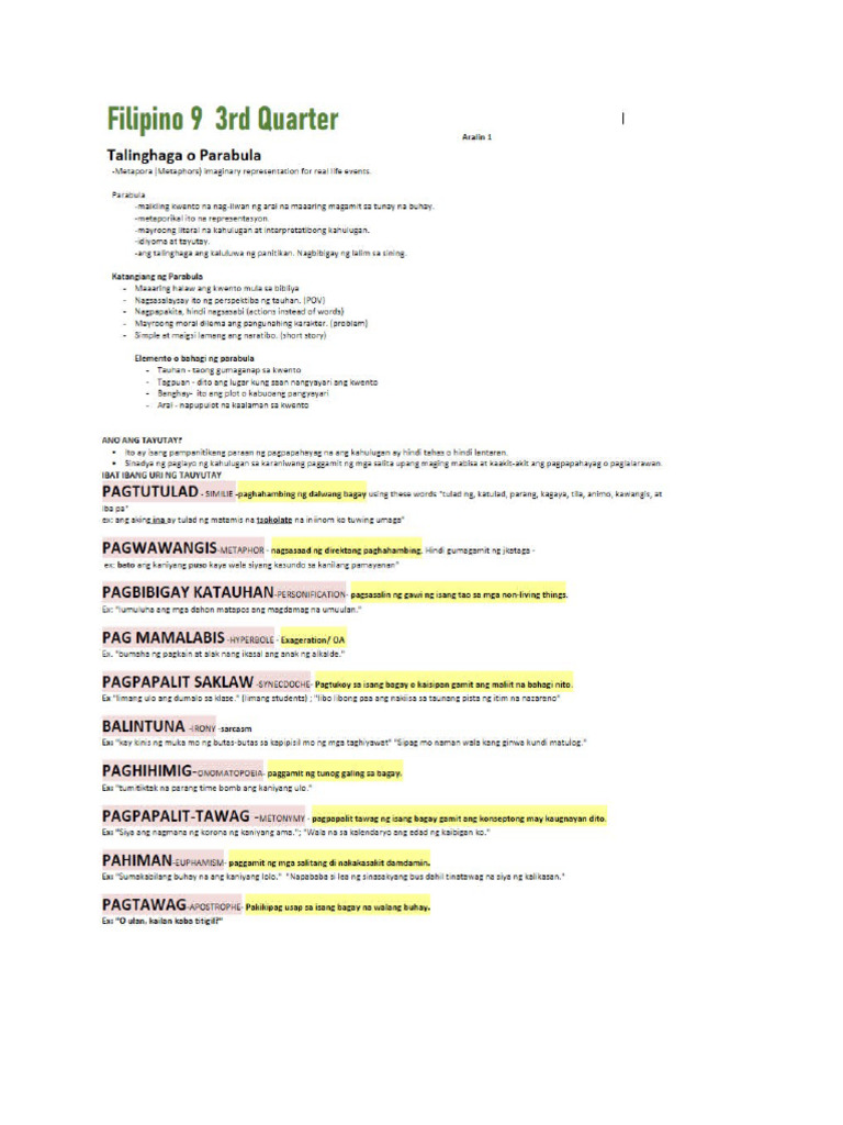 FILIPINO 9 3rd Quarter Reviewer | PDF