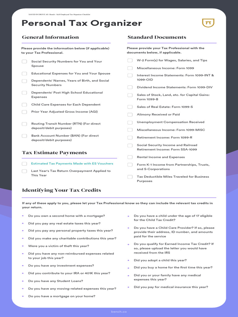 Bench - Self-Employed Tax Organizer Checklist | PDF | Taxes | Expense
